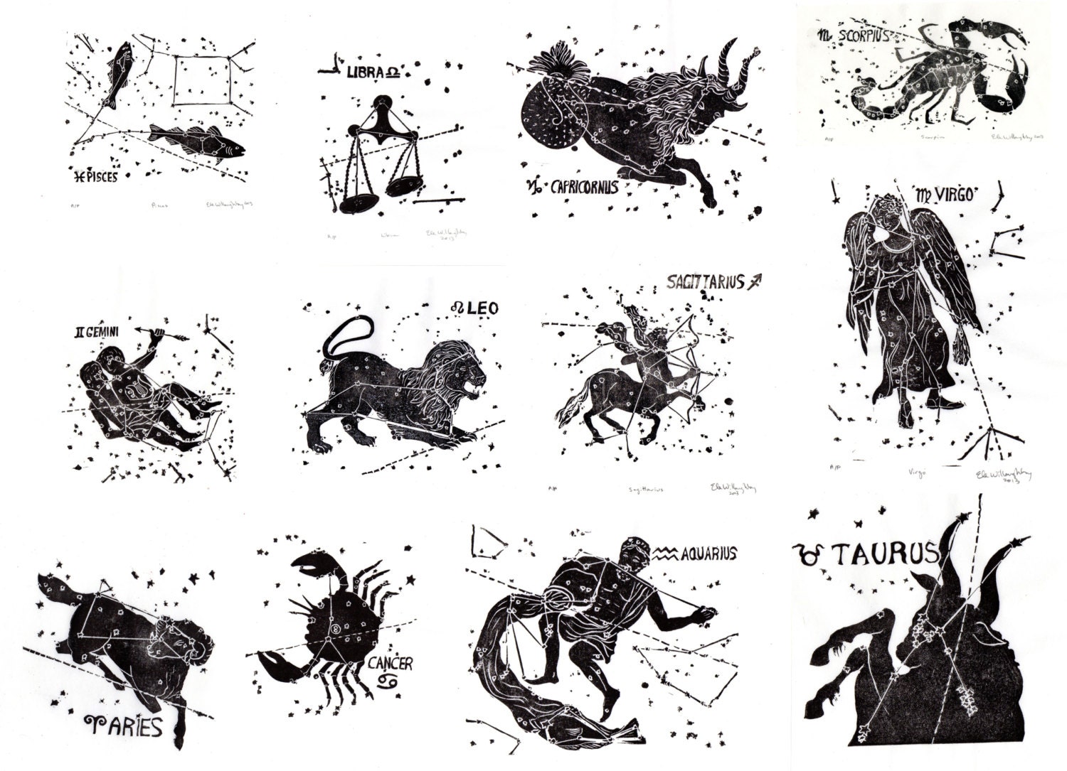 Complete set of 12 Constellations of the Zodiac linocut prints | Etsy