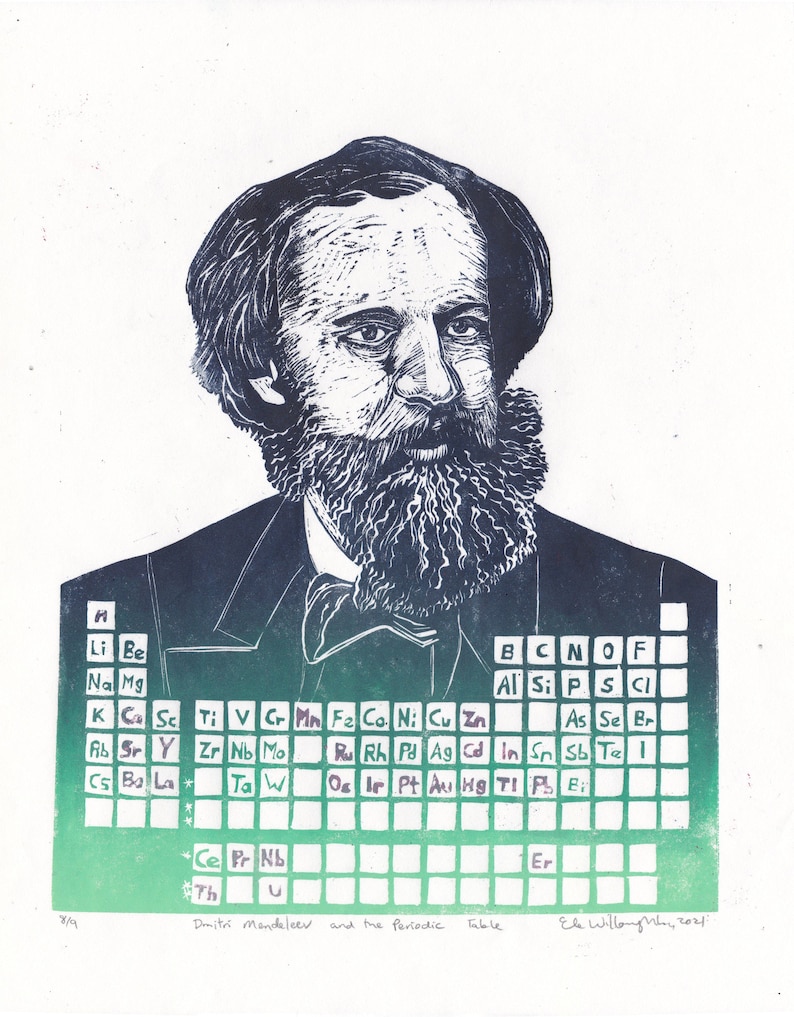 Lino Block Print Portrait of Chemist Dmitri Mendeleev, Progenitor of ...