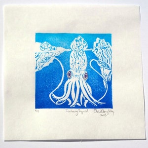 Firefly Squid Lino Block Print, Bioluminescent Squid Print, Sparkling ...