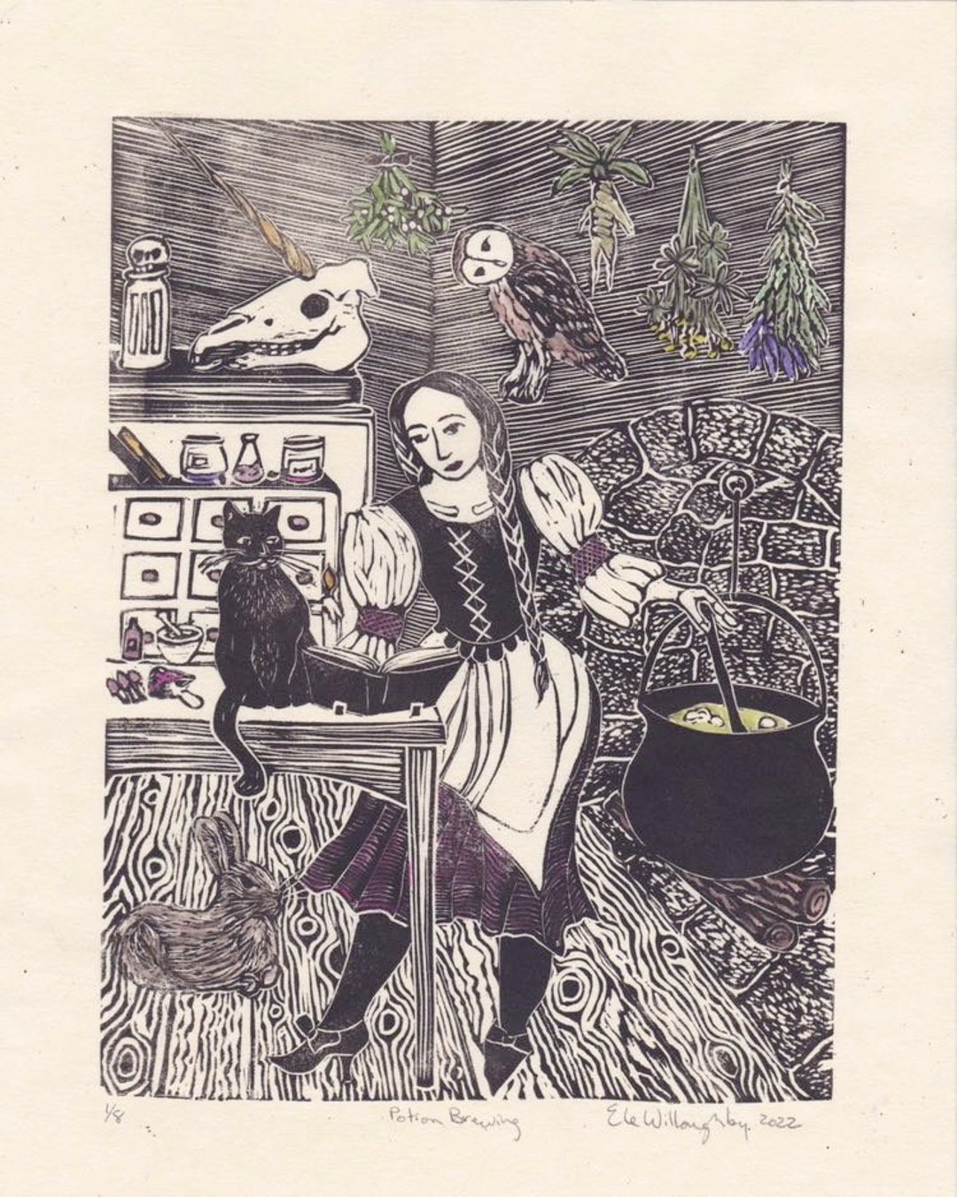 Potion Brewing Linocut Print, Illustrated Hedge Witch With Familiars - Etsy