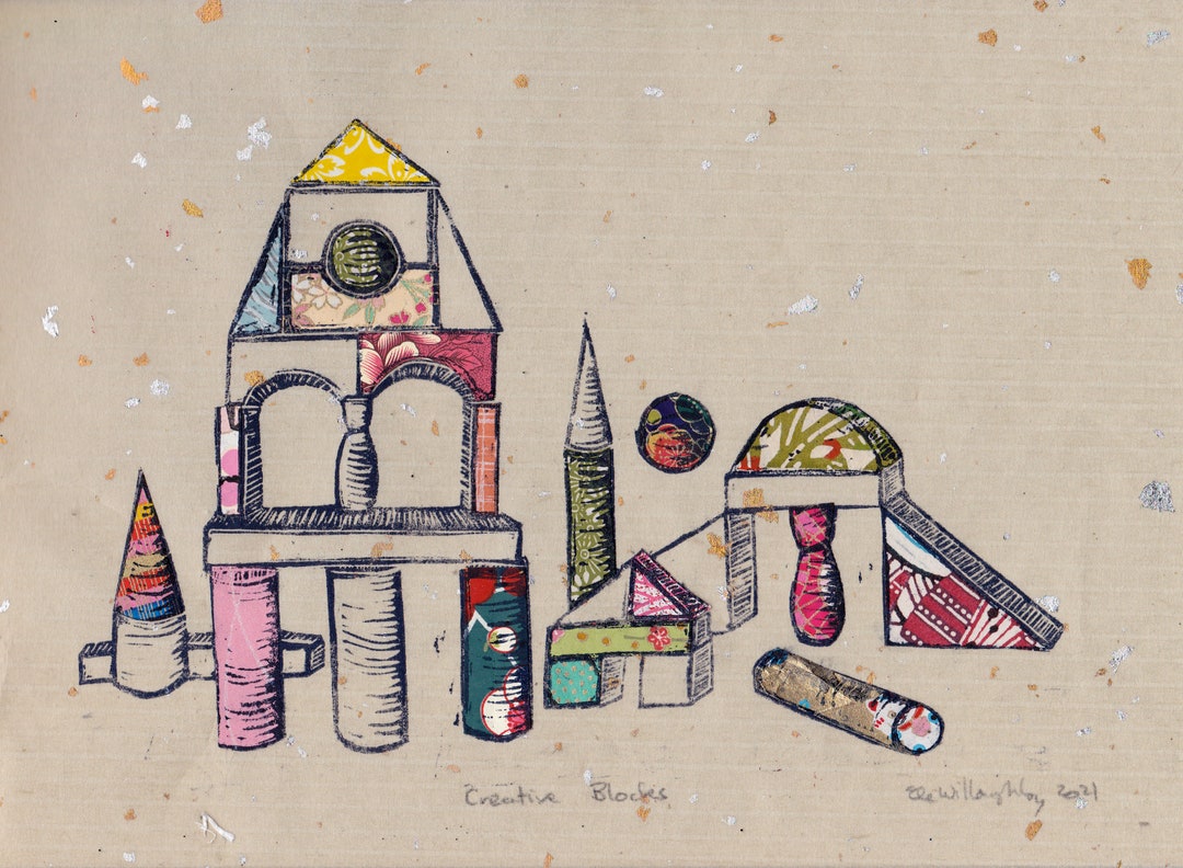 Lino Block Print: Wooden Toy Blocks Collage on Japanese Paper - Etsy