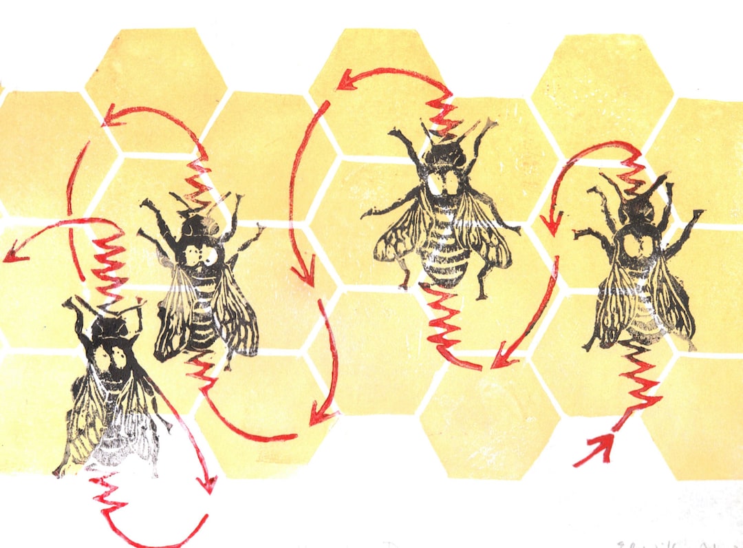 Honeybee Dance Lino Block Print, Pollinator Bee Biodiversity Print ...