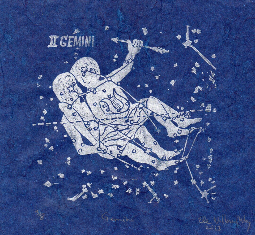 Gemini Constellation Lino Block Print: Silver Zodiac Art on Blue - Etsy