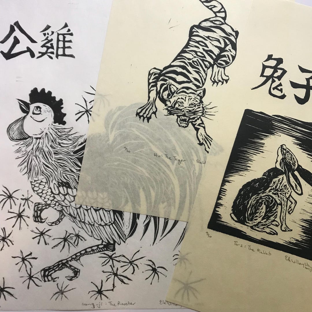 Chinese Zodiac Linocut Prints: Black and White Animal Set - Etsy UK