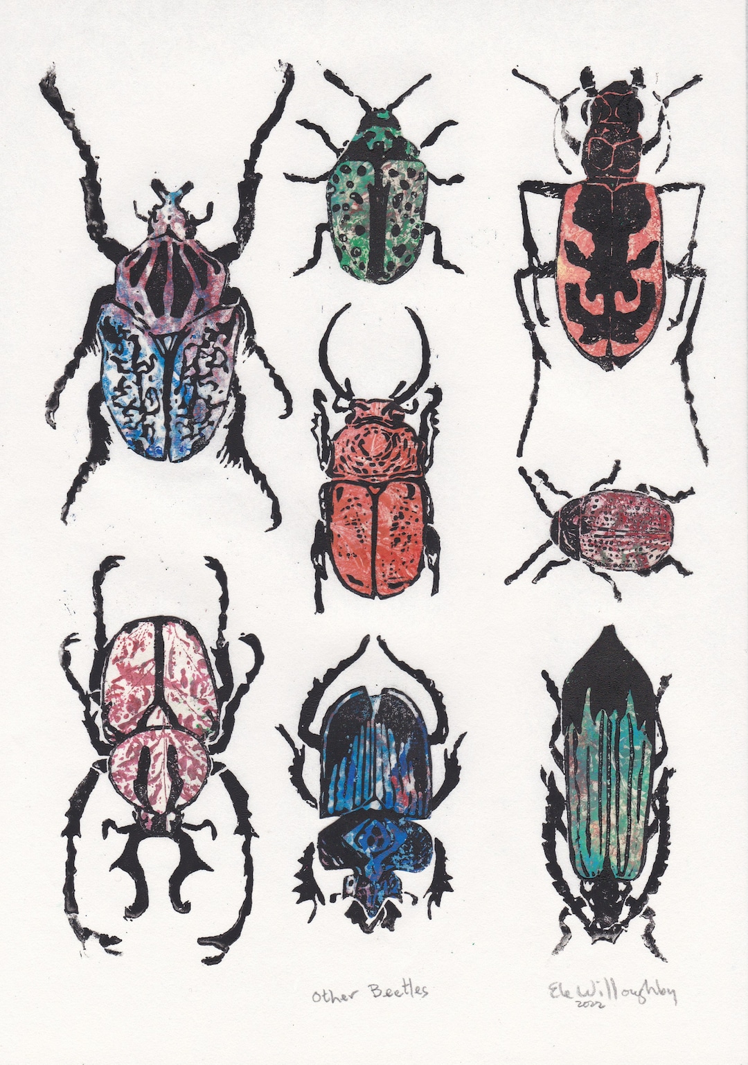 Other Beetles, Handprinted Lino Block Beetles on Various Mono-printed ...