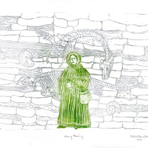 Mary Anning and Fossil Cliffs Linocut History of Paleontology, Women in ...