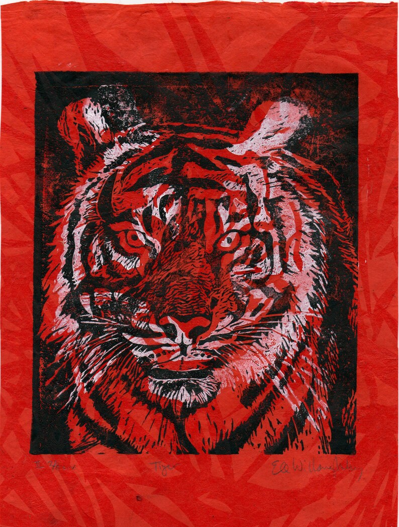 Handmade Tiger Linocut Print: Red Leafy Paper, Natural History - Etsy