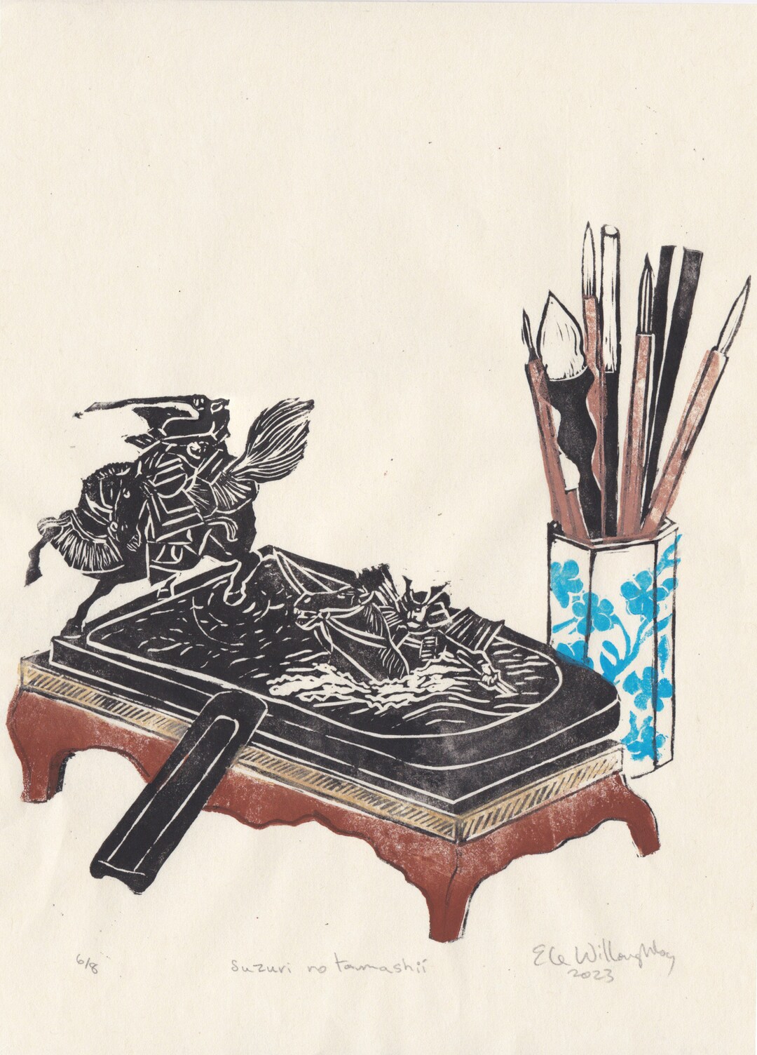 Yokai Lino Block Print: Japanese Folklore Ink Spirit Samurai, Suzuri No ...