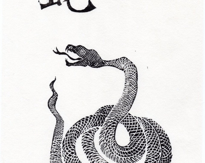 She - the Snake Print, Chinese Zodiac Black and White Lino Block Print ...