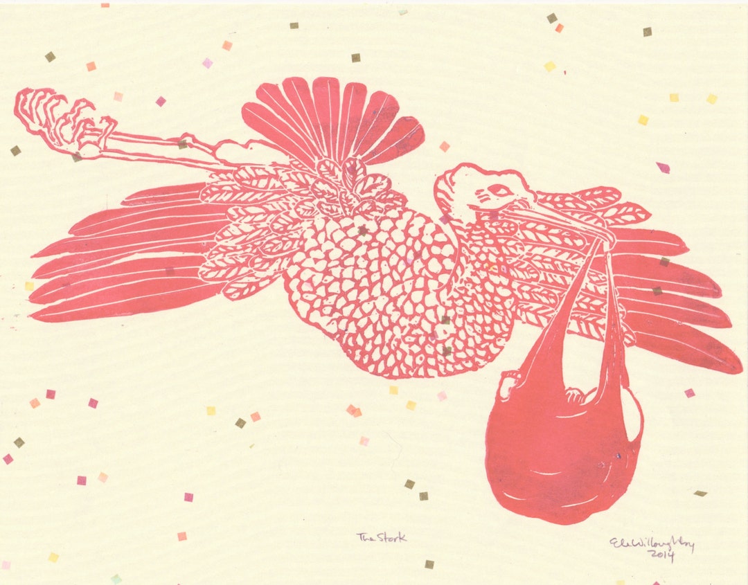 Stork and Baby Lino Block Print: Pink Nursery Art - Etsy