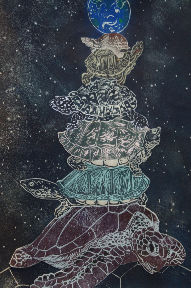 Turtles All The Way Down Linocut Block Print about Turtles | Etsy