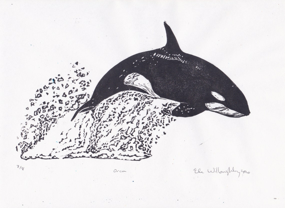 Orca Block Print Linocut Print of a Killer Whale in Black and | Etsy