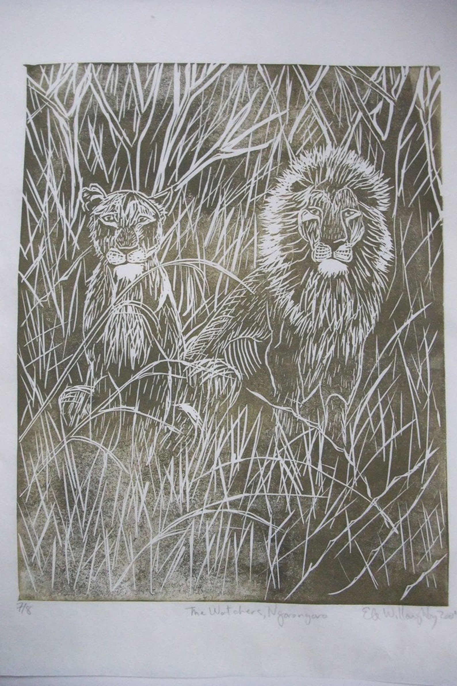 Lion and Lioness Linocut, Handprinted Lion Couple in the Savannah Lino ...