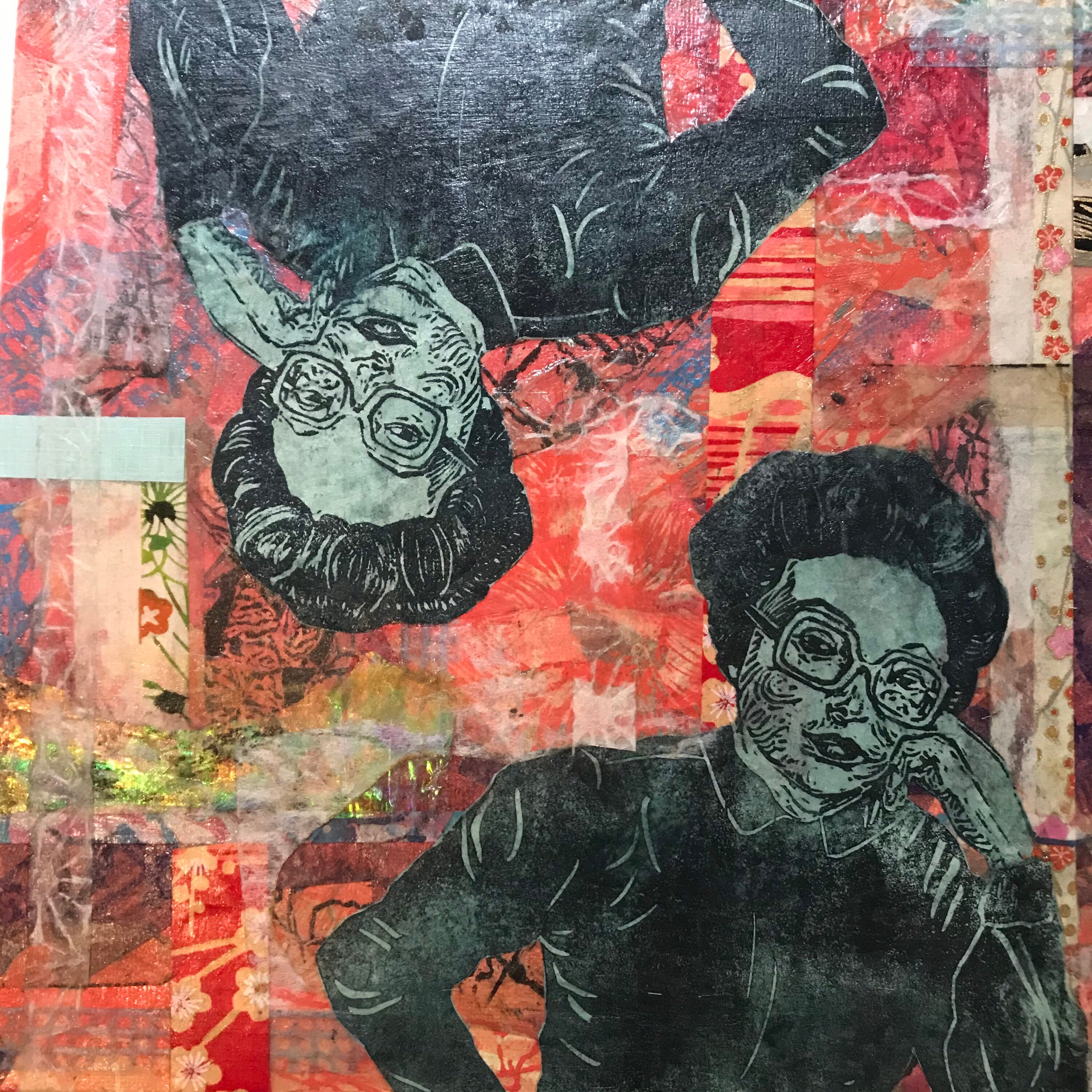 Multimedia with handprinted linocut and layered washi collage | Etsy