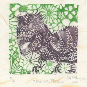 Iguana Lino Block Print: Green Lizard on Yellow Japanese Paper - Etsy