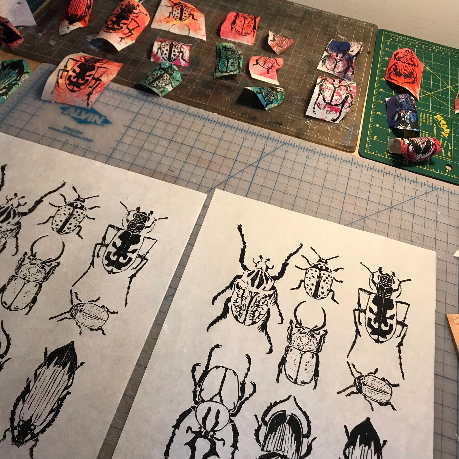 Other Beetles, Handprinted Lino Block Beetles on Various Mono-printed ...