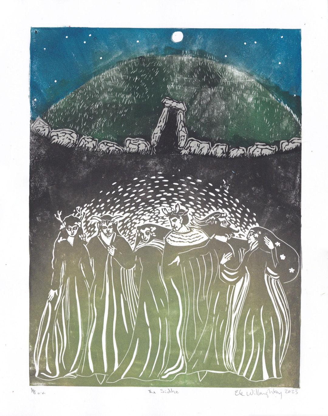 The Sídhe, Lino Block Print of the Fair Folk, the People of the Mounds ...