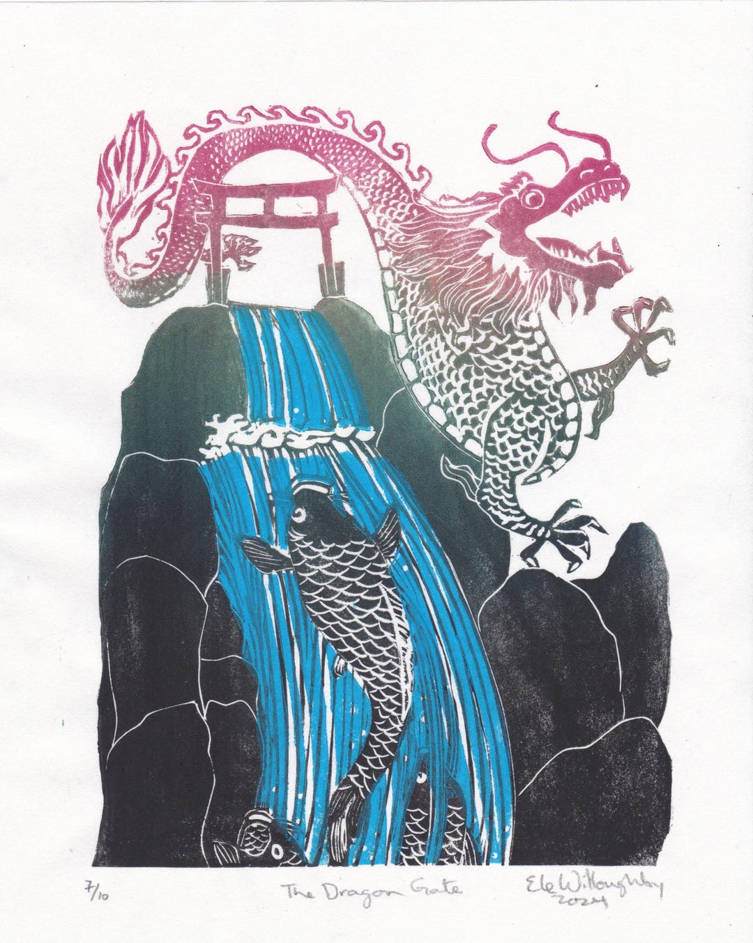 The Dragon Gate Lino Block Print, Carp Transform to Dragon Atop ...