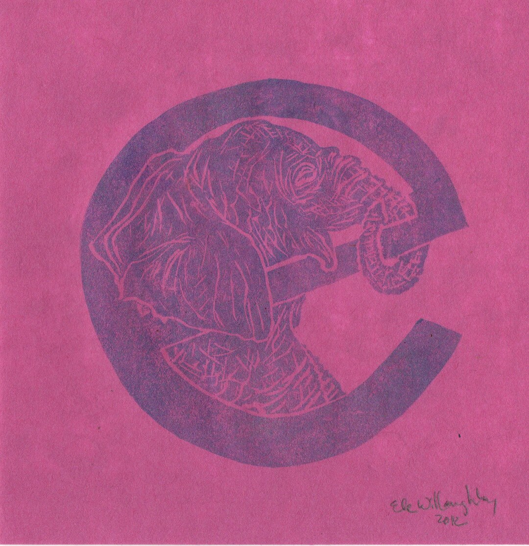 Elephant E Monogram Linocut, Alphabet Typographic Lino Block Print With ...