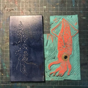 Firefly Squid Lino Block Print, Bioluminescent Squid Print, Sparkling ...