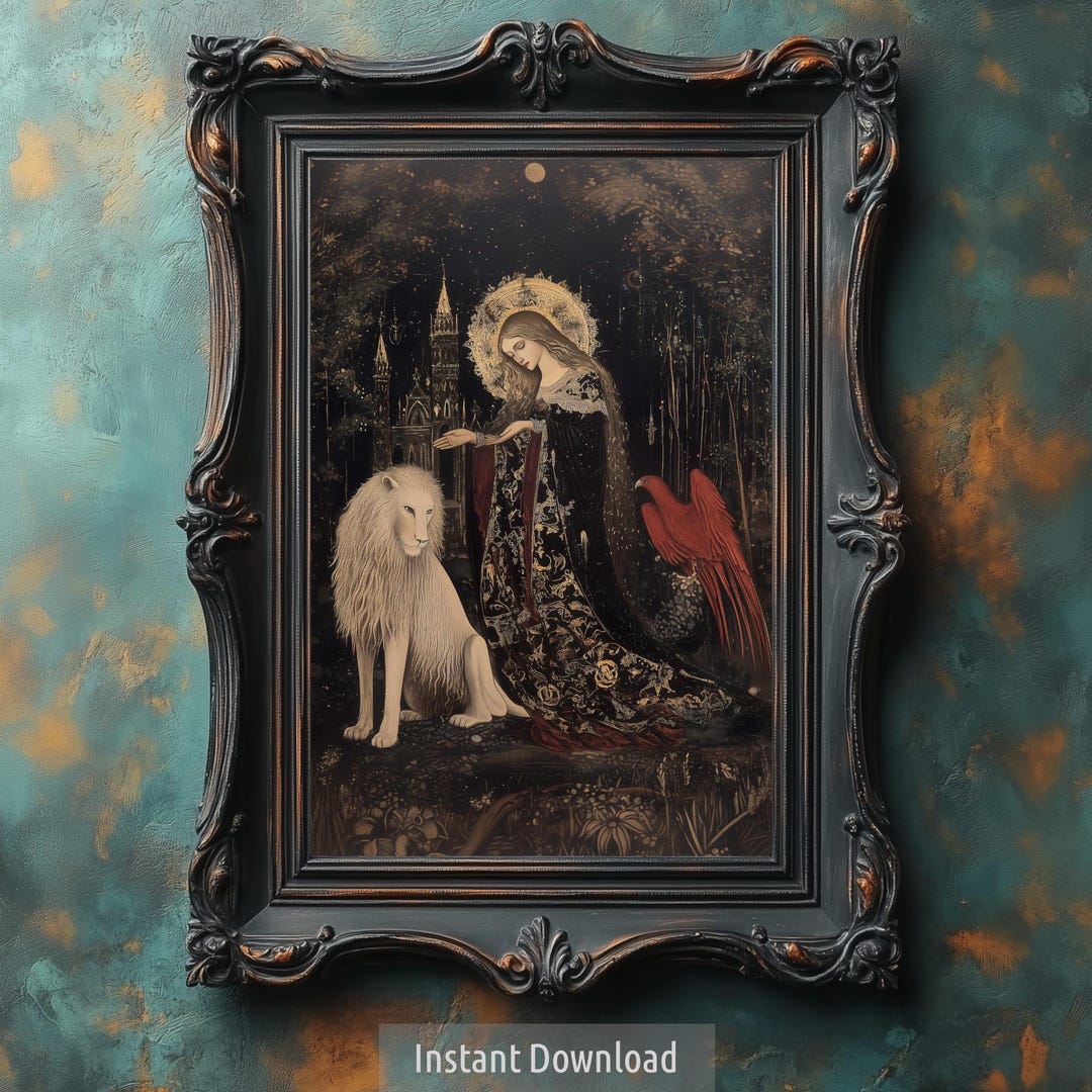 Mystical Madonna With White Lion and Red Bird - Gothic Fantasy Art ...