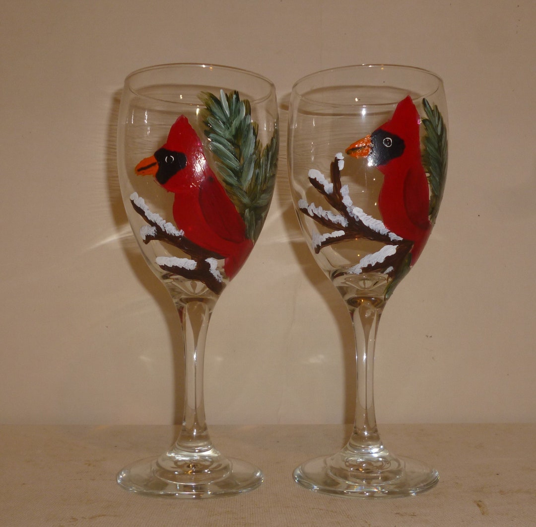 Red Cardinal Bird Wine Glasses Set of 2 Hand Painted by Mary Wilson - Etsy