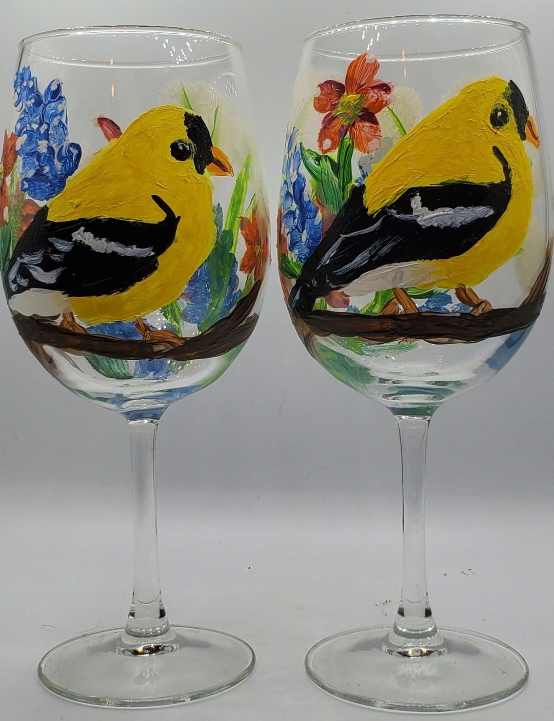 Hand Painted Gold Finch Bird Wine Glasses Set of 2 - Etsy