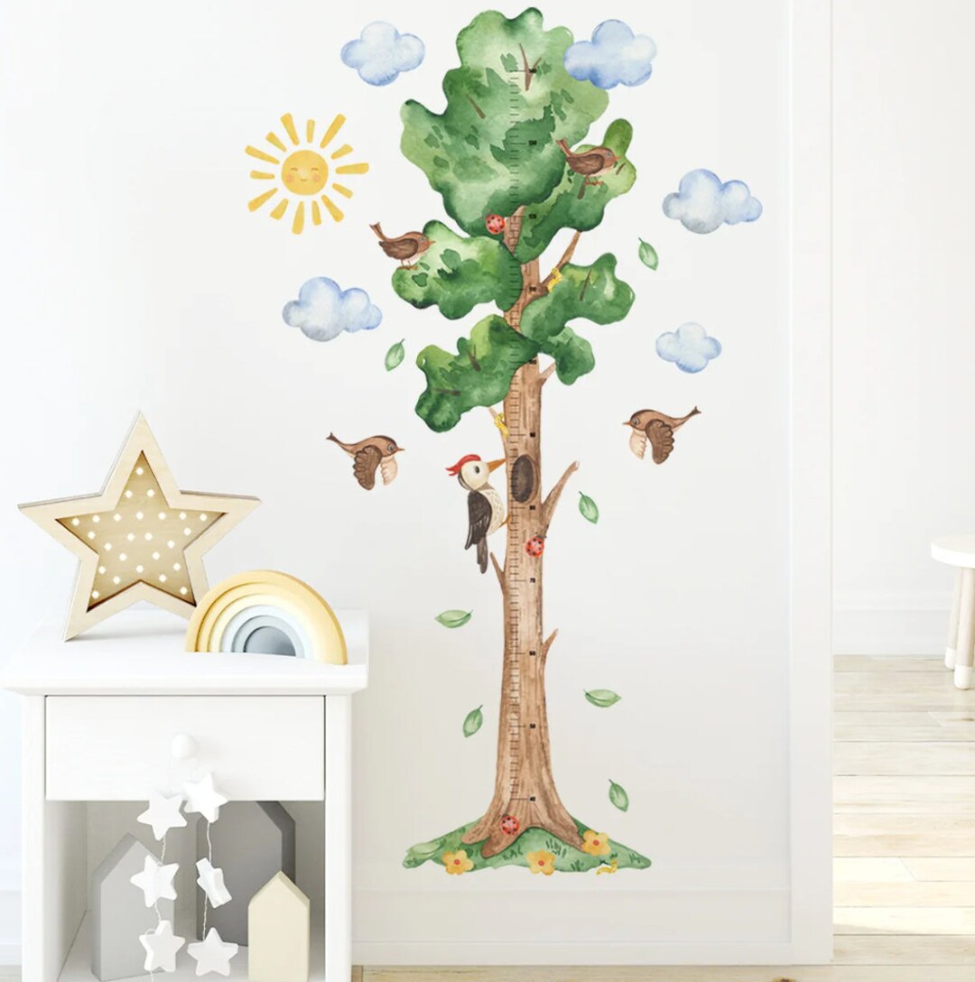 Large Watercolour Tree Height Chart Wall Sticker, Animal Growth Chart ...