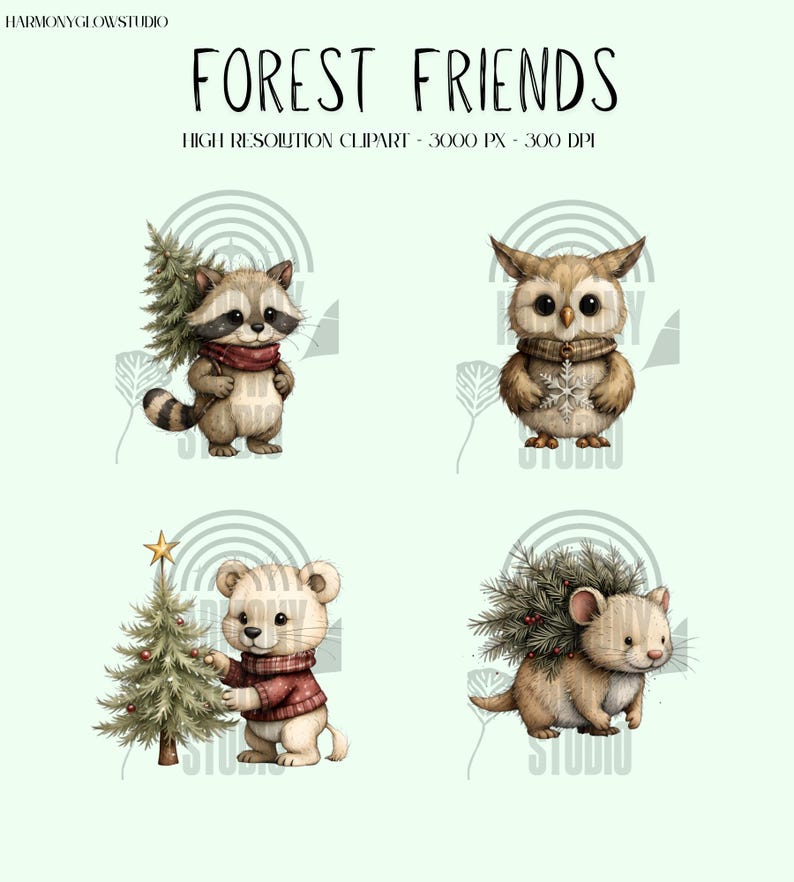 Whimsical Christmas Woodland Animals Clipart, Watercolor Holiday PNG ...