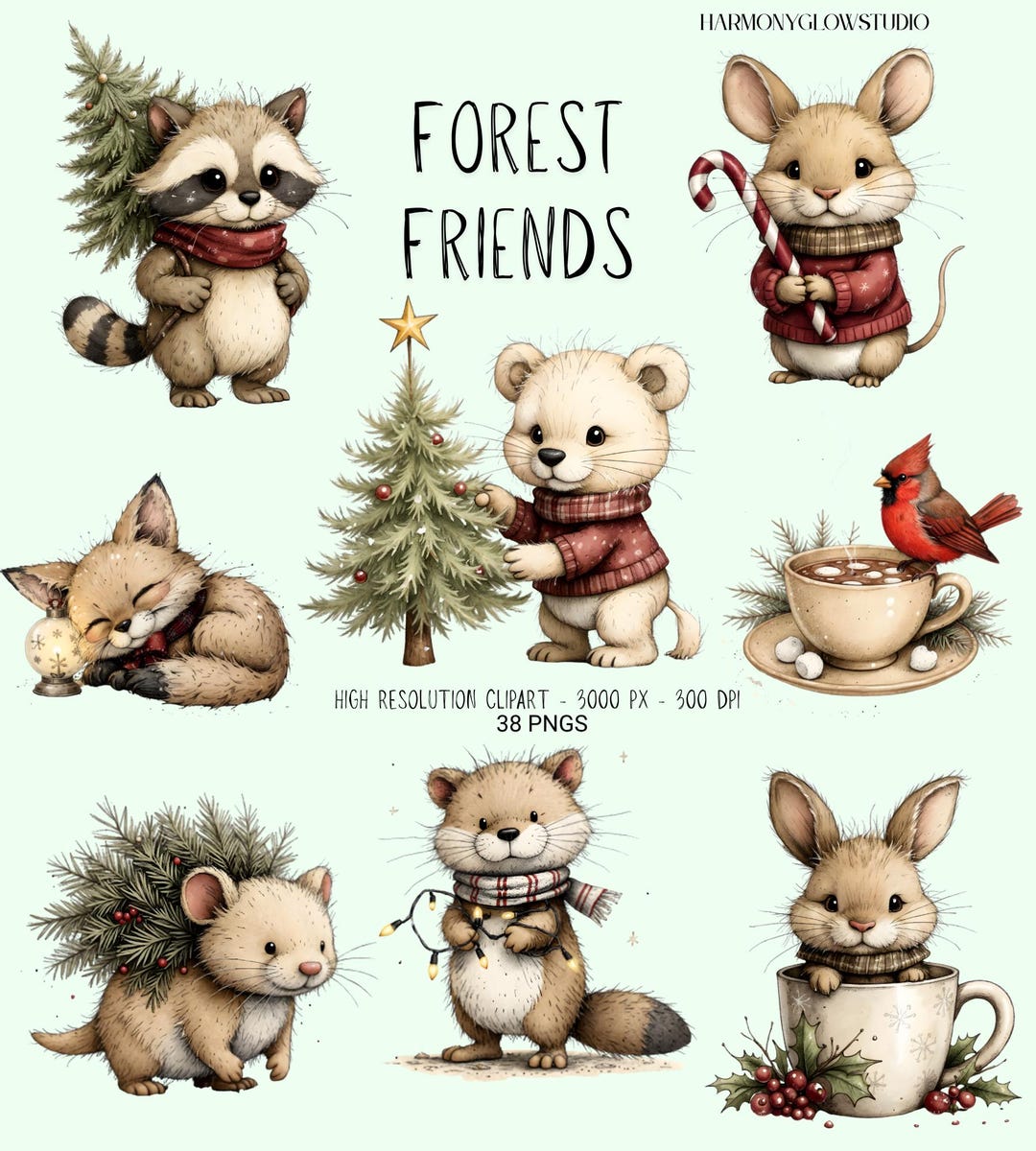 Whimsical Christmas Woodland Animals Clipart, Watercolor Holiday PNG ...