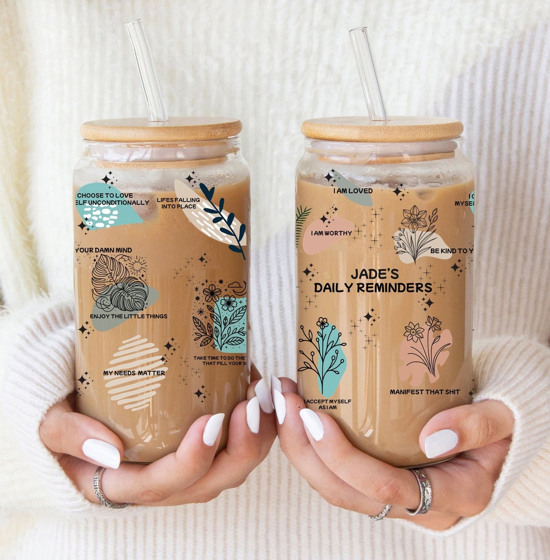 Custom Name Boho Daily Reminders Iced Coffee Cup, Mental Health Gift ...