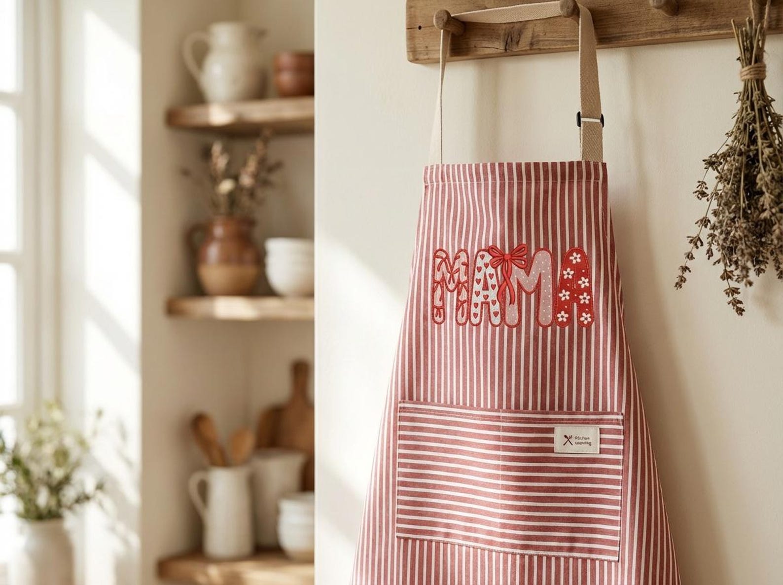 Mother's Day Mama Apron, Hand Embroidered Striped Kitchen Apron for Mom ...