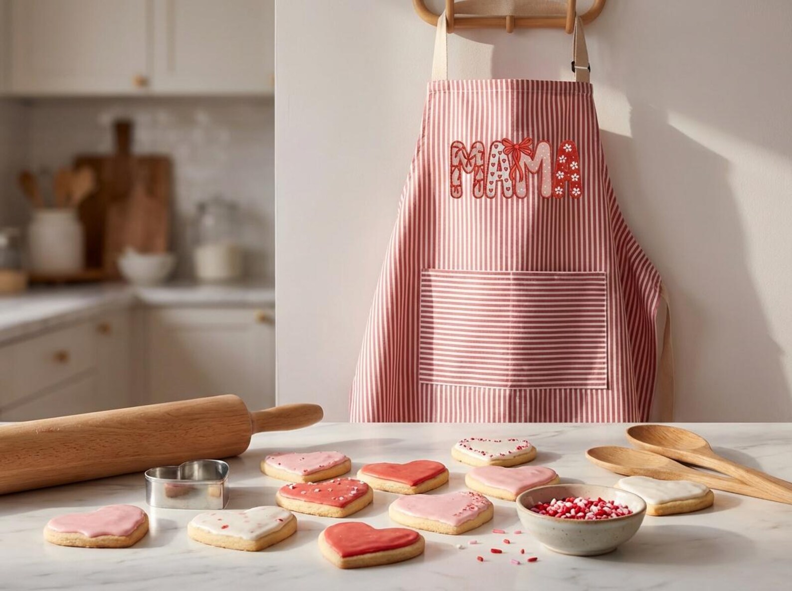 Mother's Day Mama Apron, Hand Embroidered Striped Kitchen Apron for Mom ...