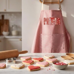 Mother's Day Mama Apron, Hand Embroidered Striped Kitchen Apron for Mom ...