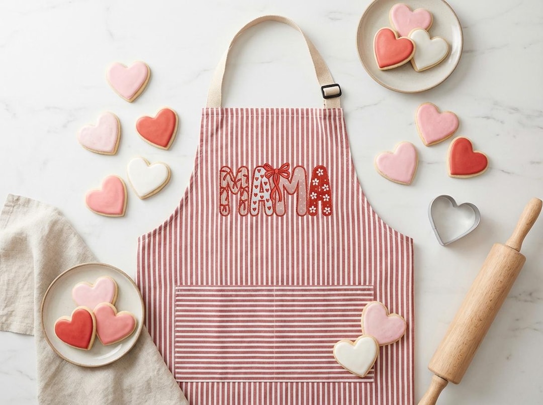 Mother's Day Mama Apron, Hand Embroidered Striped Kitchen Apron for Mom ...