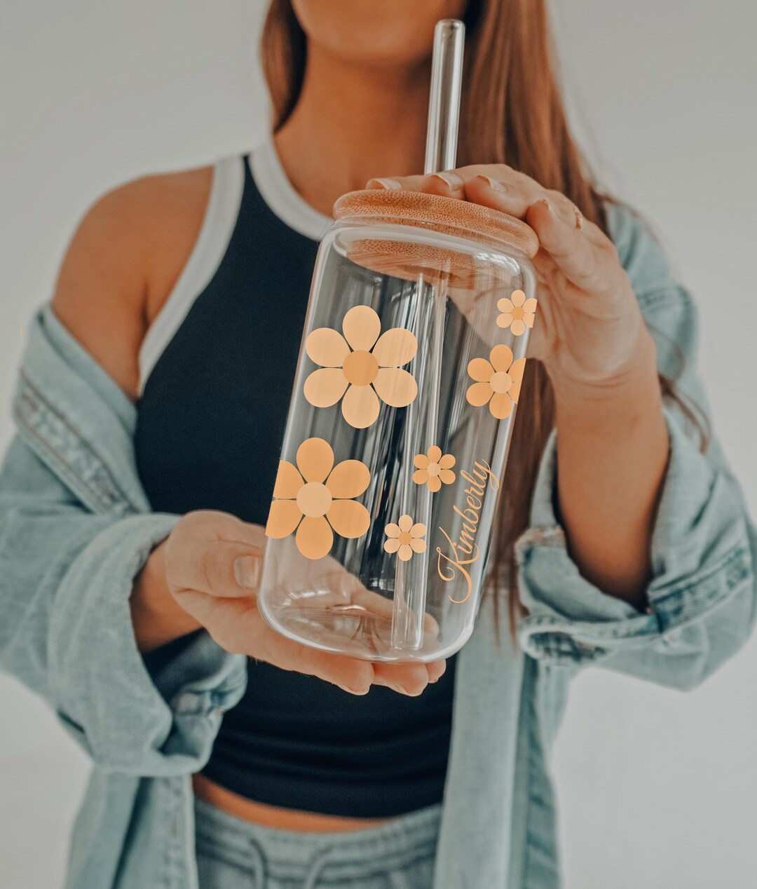 Personalized Daisy Glass Cup, Daisy Glass Tumbler, Flower Iced Coffee ...
