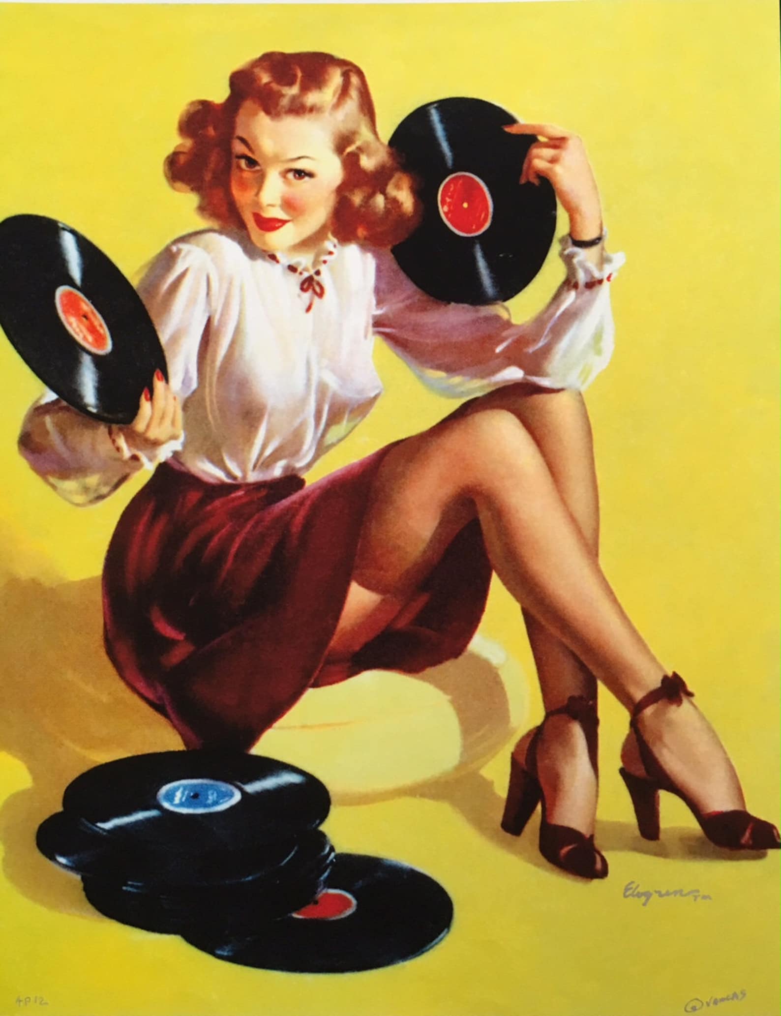 Large 12x18 ON the RECORD by ELVGREN Pin-up Playing Music, Lingerie ...