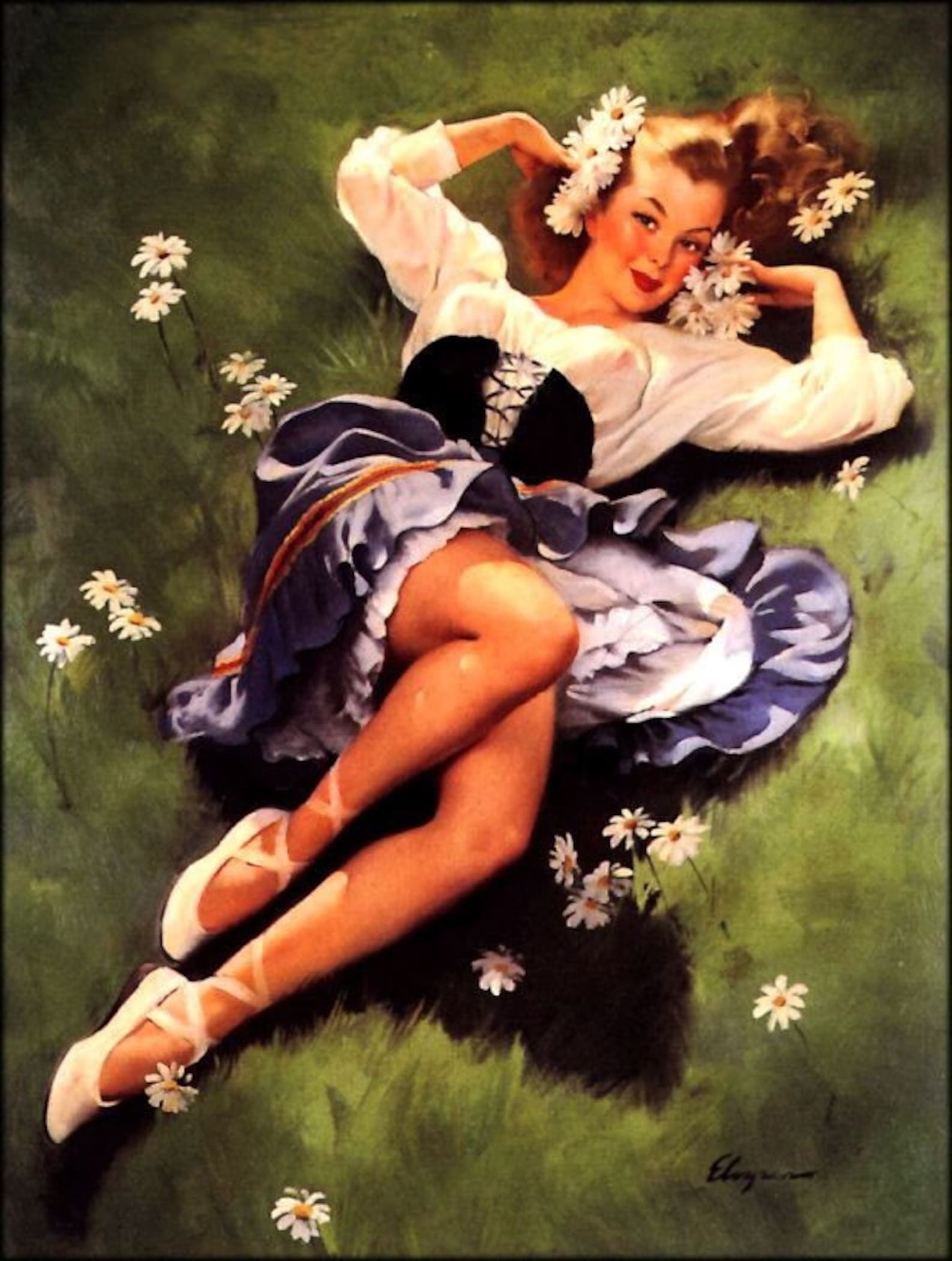 Elvgren Spring Fever Romantic Pin Up Peasant Dress 1940s Art Deco Wwii