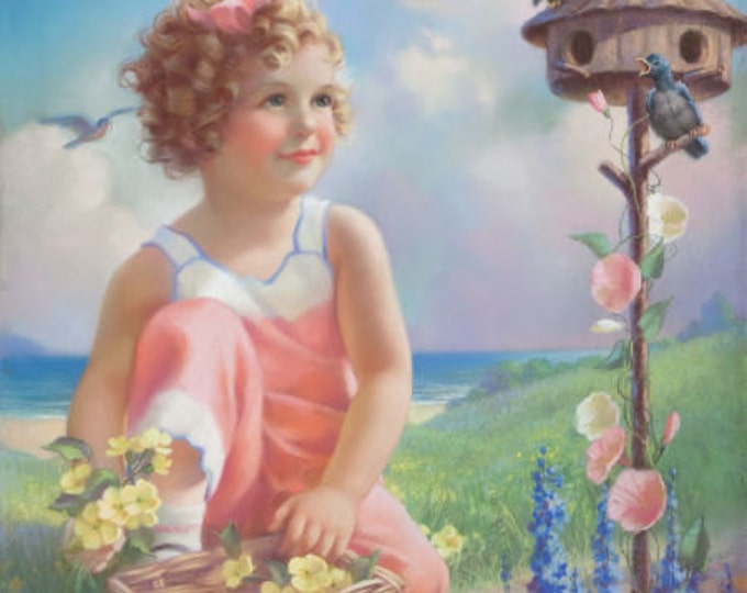 12x18 Print Sale MABEL ROLLINS HARRIS Little Girl With Baby Bluebird ...
