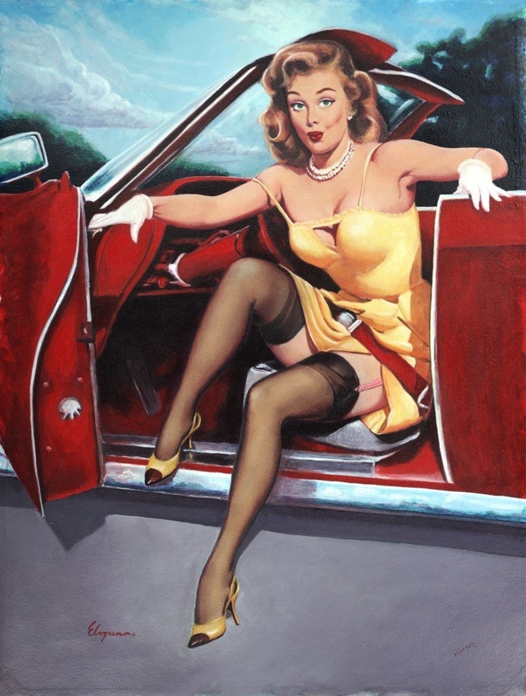 ELVGREN STEPPING OUT. Pinups . Hot Rod Convertible Pin-up . up Skirt Leg Show Calendar Garage ...