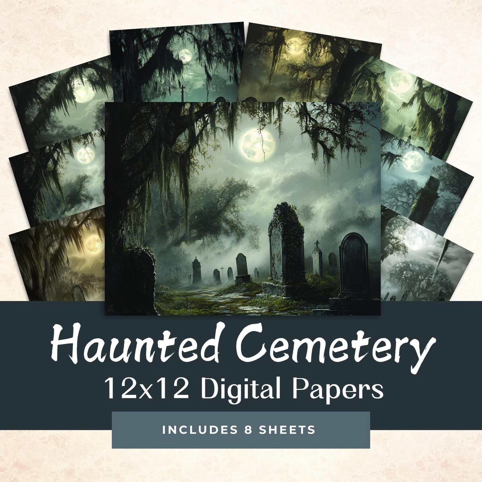 PRINTABLE Haunted Cemetery 12x12 Digital Papers for Scrapbook, Collage ...