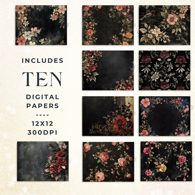 PRINTABLE Black Roses, Florals 12x12 Digital Papers for Scrapbook ...