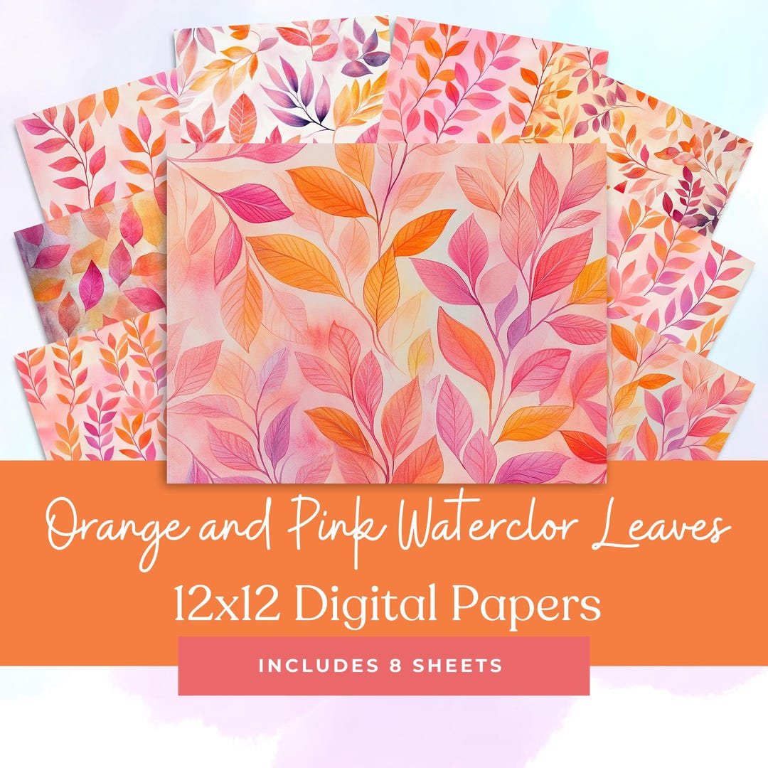 PRINTABLE Pink and Orange Watercolor Leaves 12x12 Digital Papers for ...