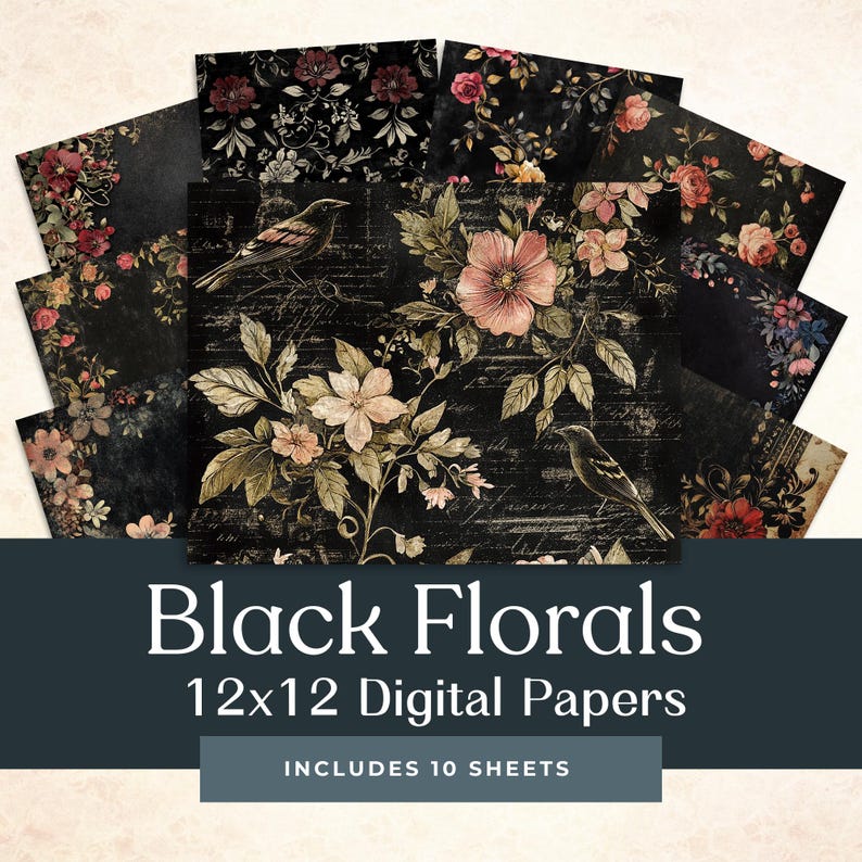 PRINTABLE Black Roses, Florals 12x12 Digital Papers for Scrapbook ...