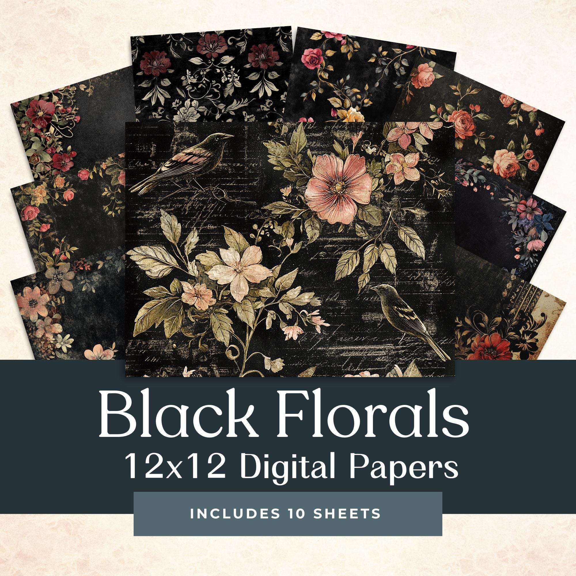 PRINTABLE Black Roses, Florals 12x12 Digital Papers for Scrapbook ...
