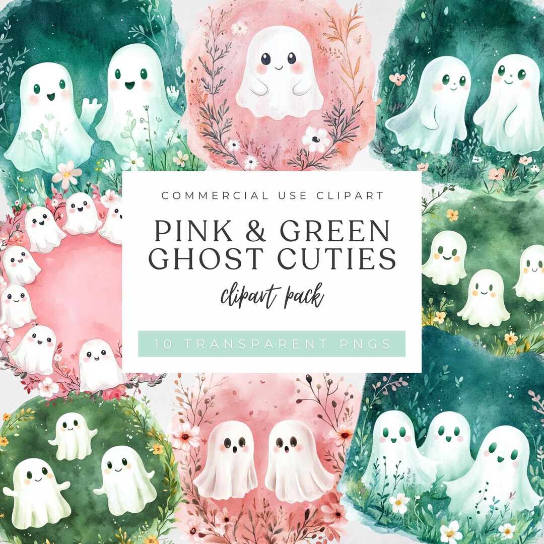 Cute Pink and Green Halloween Ghosts and Friends Clip Art Set | 10 PNG ...