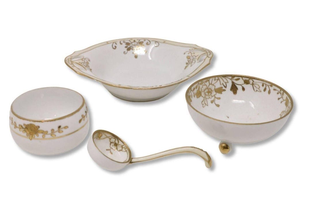 Nippon 4pc Gold on White Handled Bowl, Soup Bowl, Spoon and Finger Bowl ...