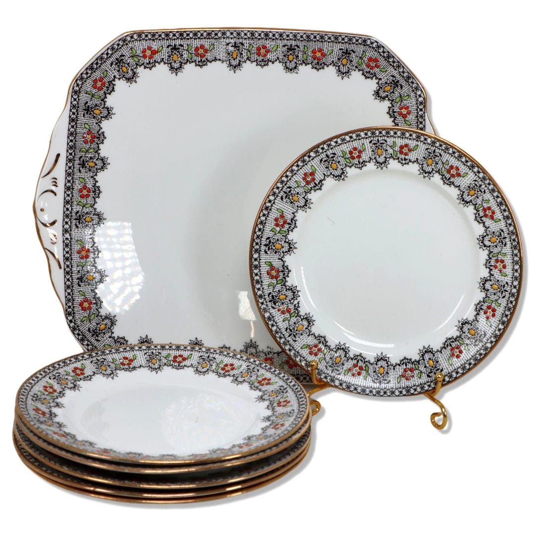 Celebrate 7pc Bon Bon Plate and 6 Dessert Plate Set Black Lace Band ...