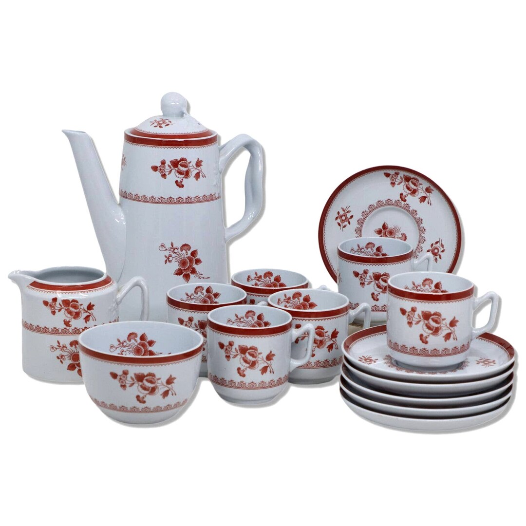 15pc Copeland Spode Gloucester Red Y2989 Fine Stone Coffee Tea Pot ...