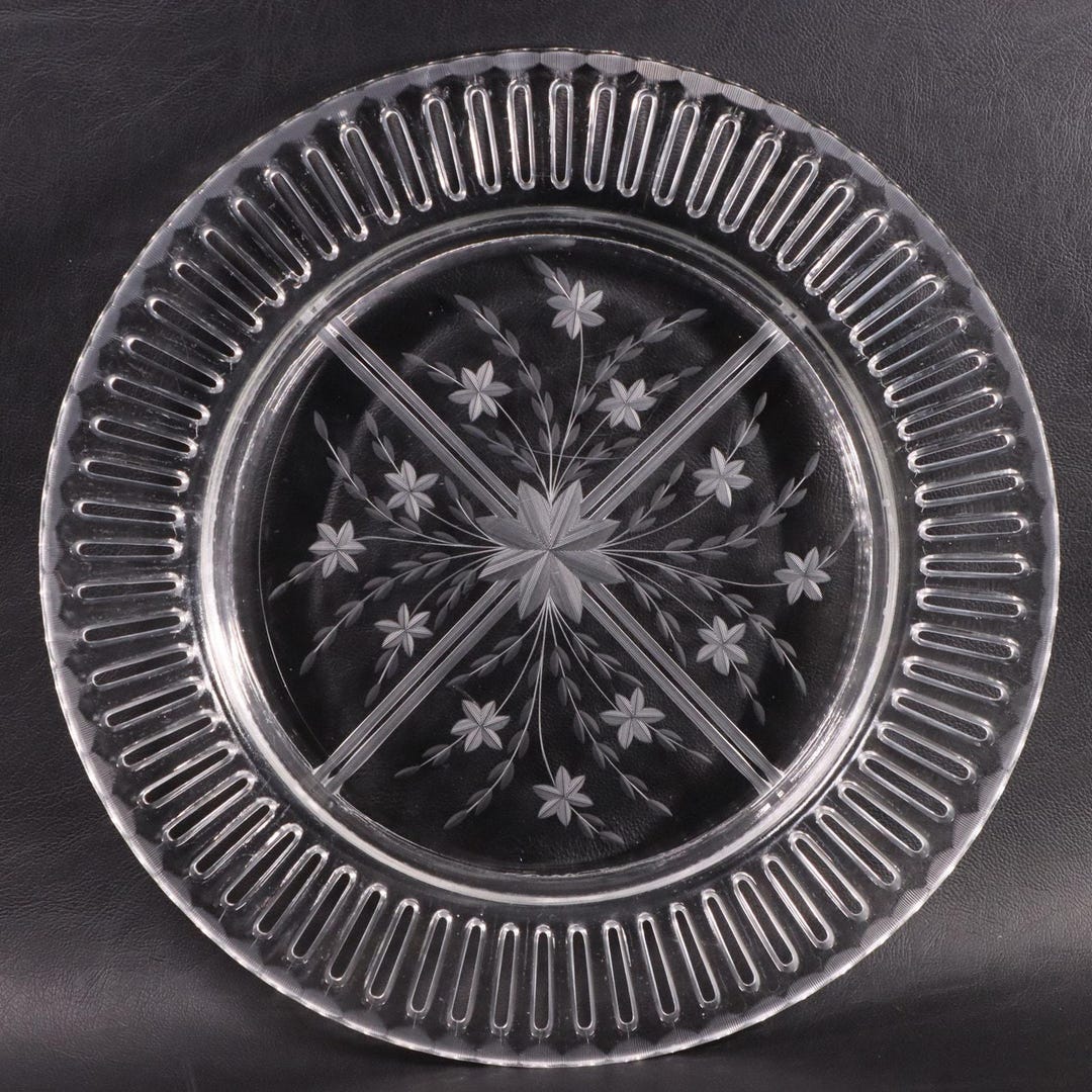 Crystal Etched Floral Reticulated Pierced Clear Glass 10 3/8" Dinner ...